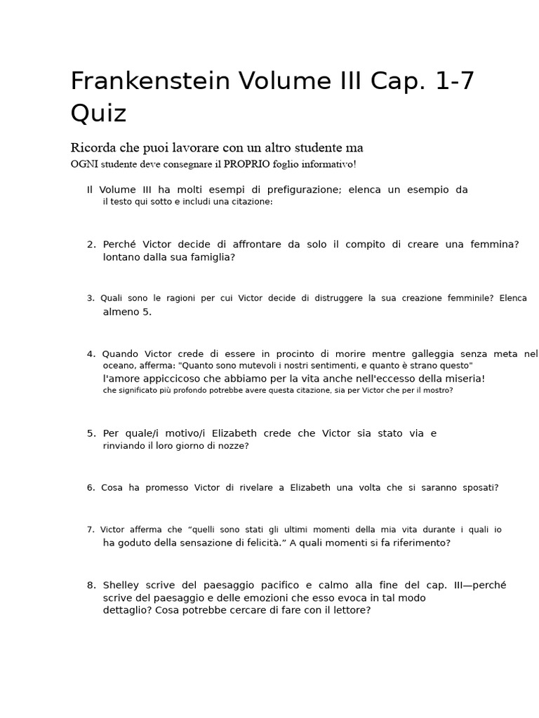 Frankenstein Volume III Quiz | PDF