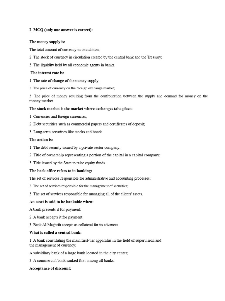 Banking Techniques (TD) : Multiple Choice Questions, True or False, and ...