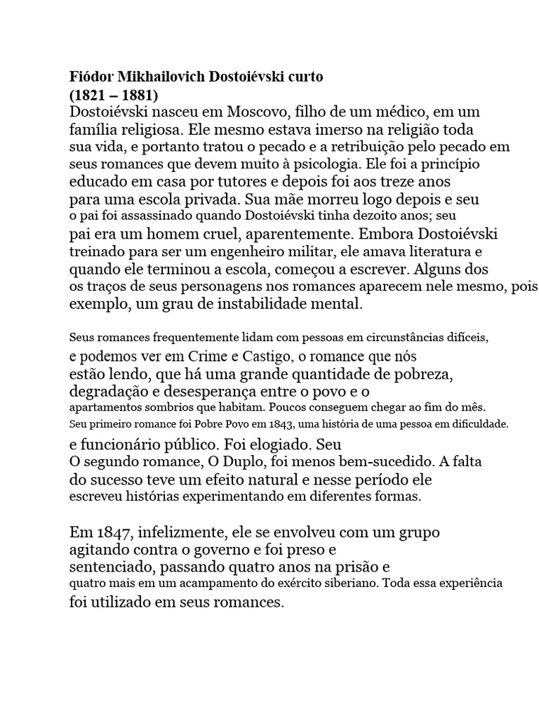 Fiódor Dostoiévski – Biografia Resumida | PDF | Crime e Castigo