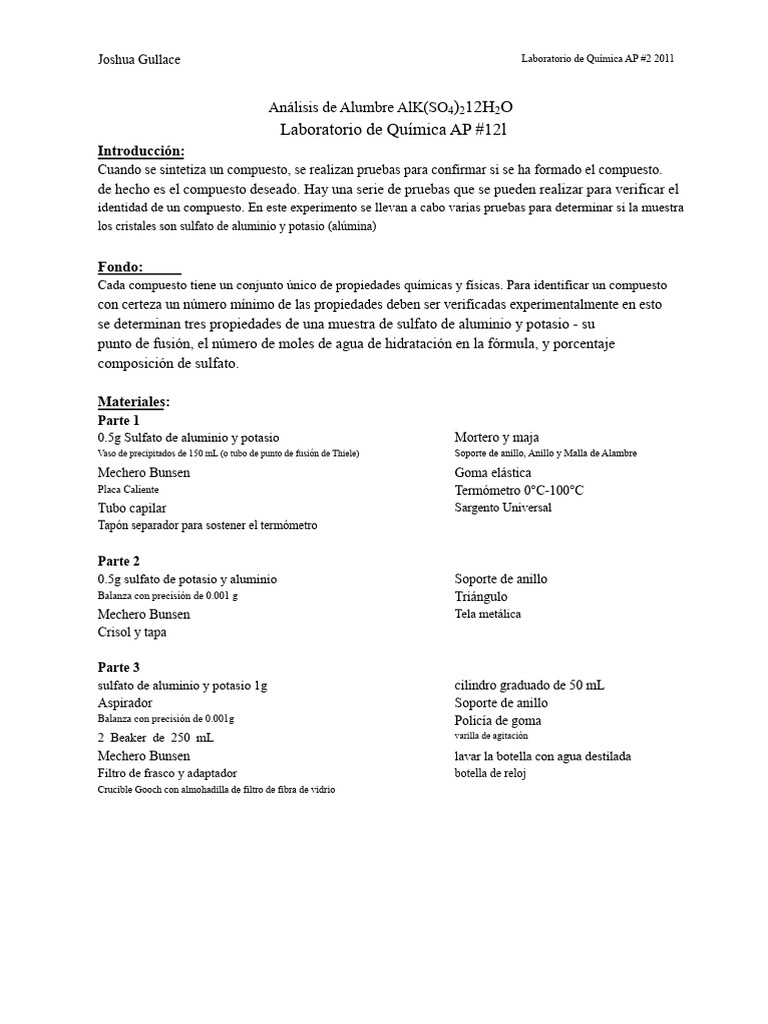 Análisis del Alumbre en Química AP | PDF | Aluminio | Punto de fusion