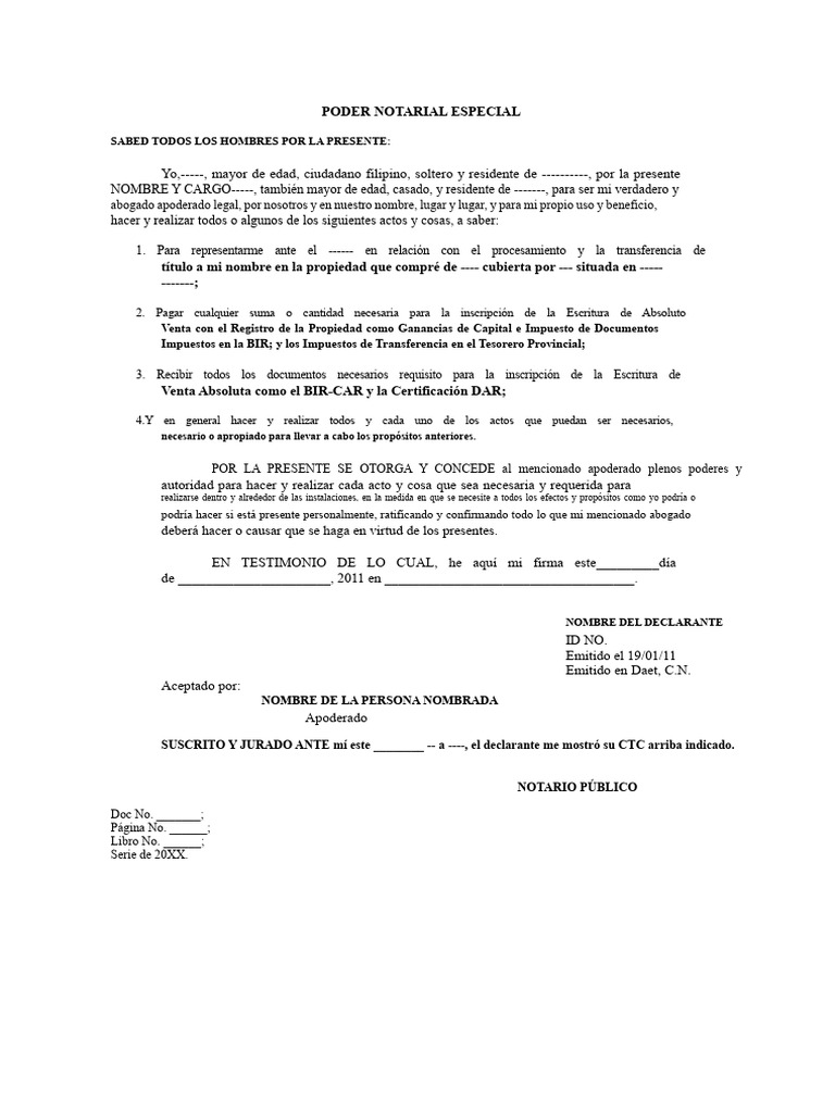 Poder Notarial Especial para Transferencia de Propiedad | PDF
