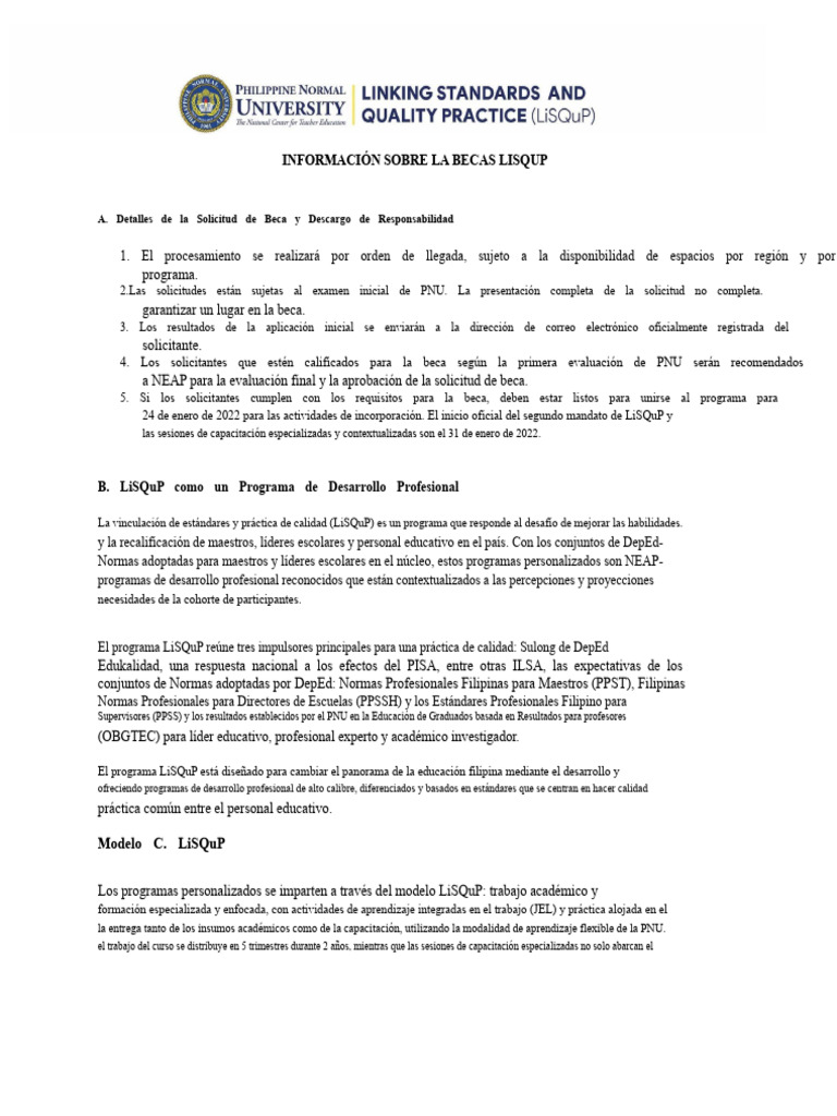 Becas LiSQuP: Solicitud y Programas | PDF | Plan de estudios | Evaluación