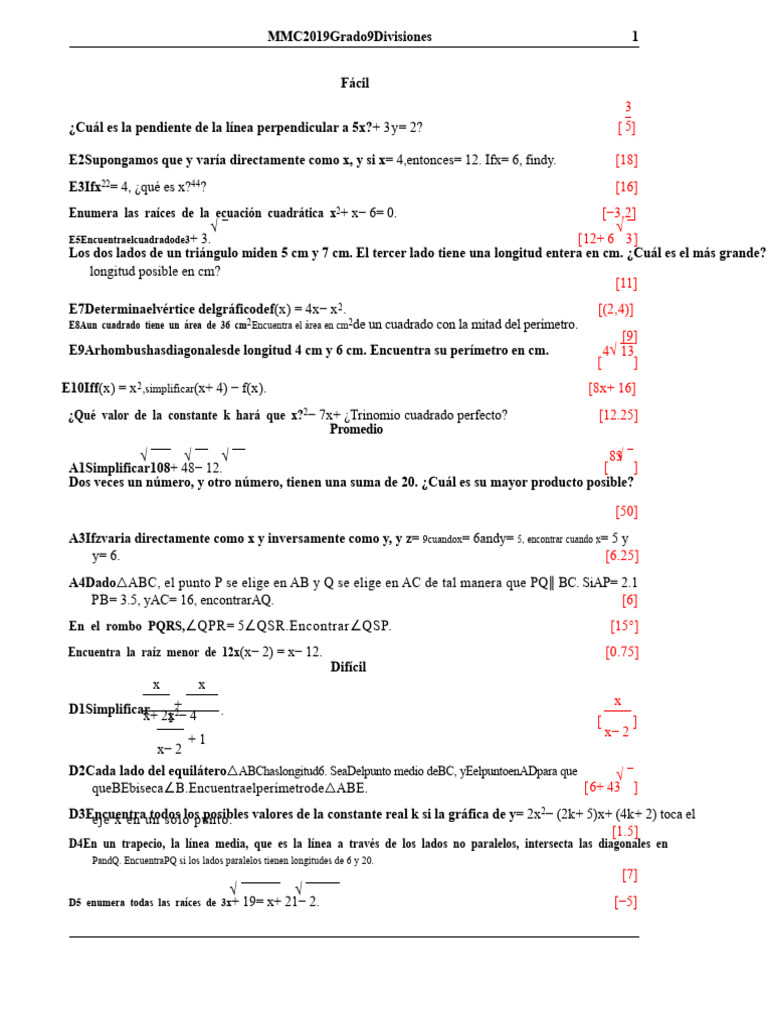 2019 Desafío de Matemáticas Grado 9 División PDF | PDF | Raíz cuadrada ...