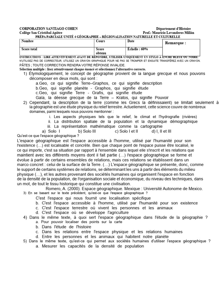 Test Partiel Unité 4 Géographie Régionalisation 8e | PDF | Géographie ...