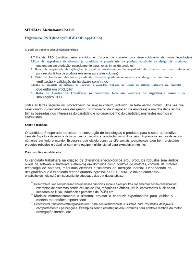 SEDEMAC - JD - Engenheiro, P&D (Rnd-SysE-HW-COE-AppE-CSA) | PDF | Engenharia | Engenheiro