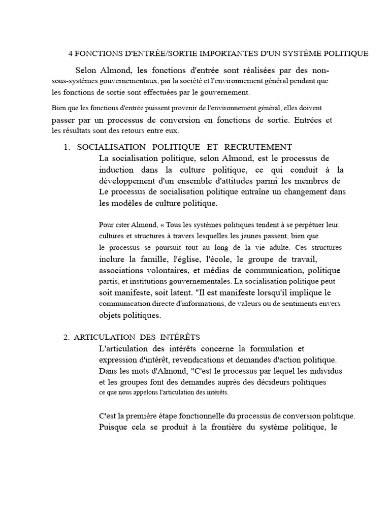 Fonctions clés d'un système politique selon Almond | PDF | Systèmes ...