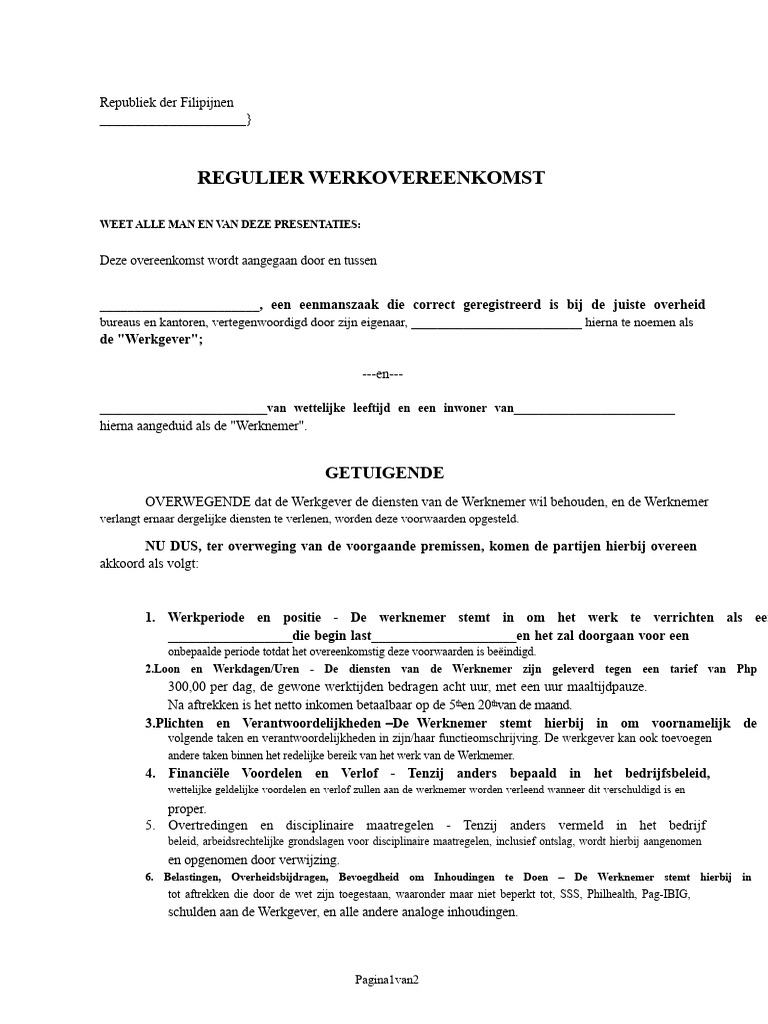 Voorbeeld van een reguliere arbeidsovereenkomst | PDF