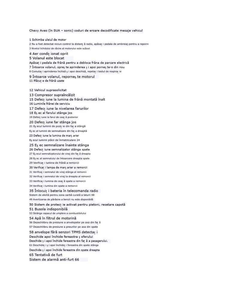 Coduri de Eroare Chevy Aveo | PDF