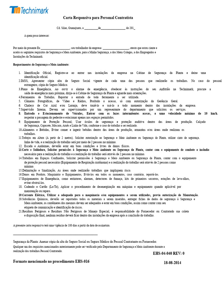 (EHS-04-040) Carta Responsiva de Pessoal Contratado REV 0 08-18-14 (3) | PDF | Desperdício