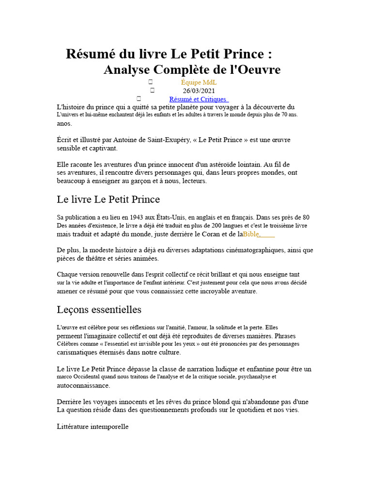 Résumé du Petit Prince en 10 lignes | PDF | Le Petit Prince