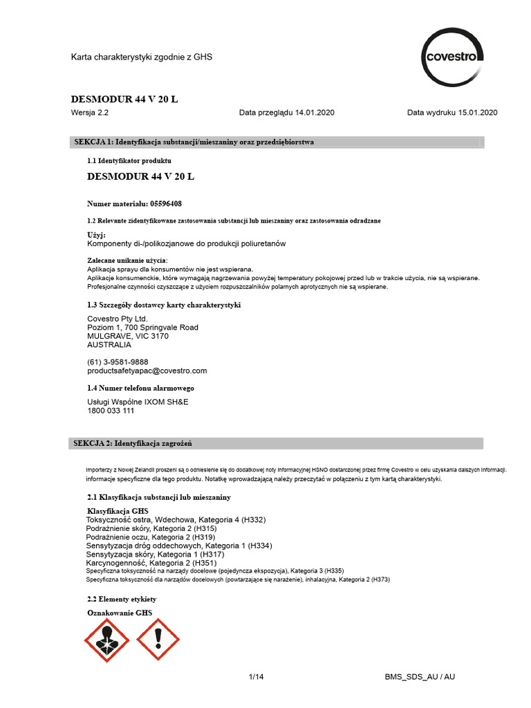 Desmodur 44 V 20 L: Karta Charakterystyki Zgodnie Z GHS | PDF
