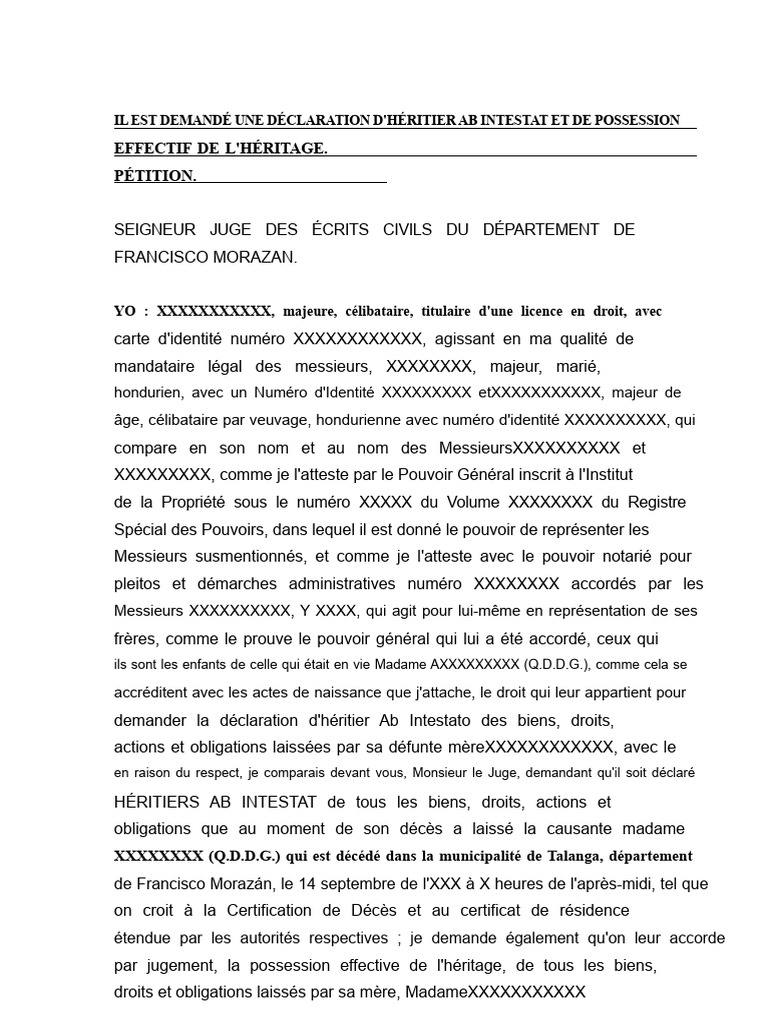 Demande de Déclaration D'héritier Ab Intestat Et de Possession ...