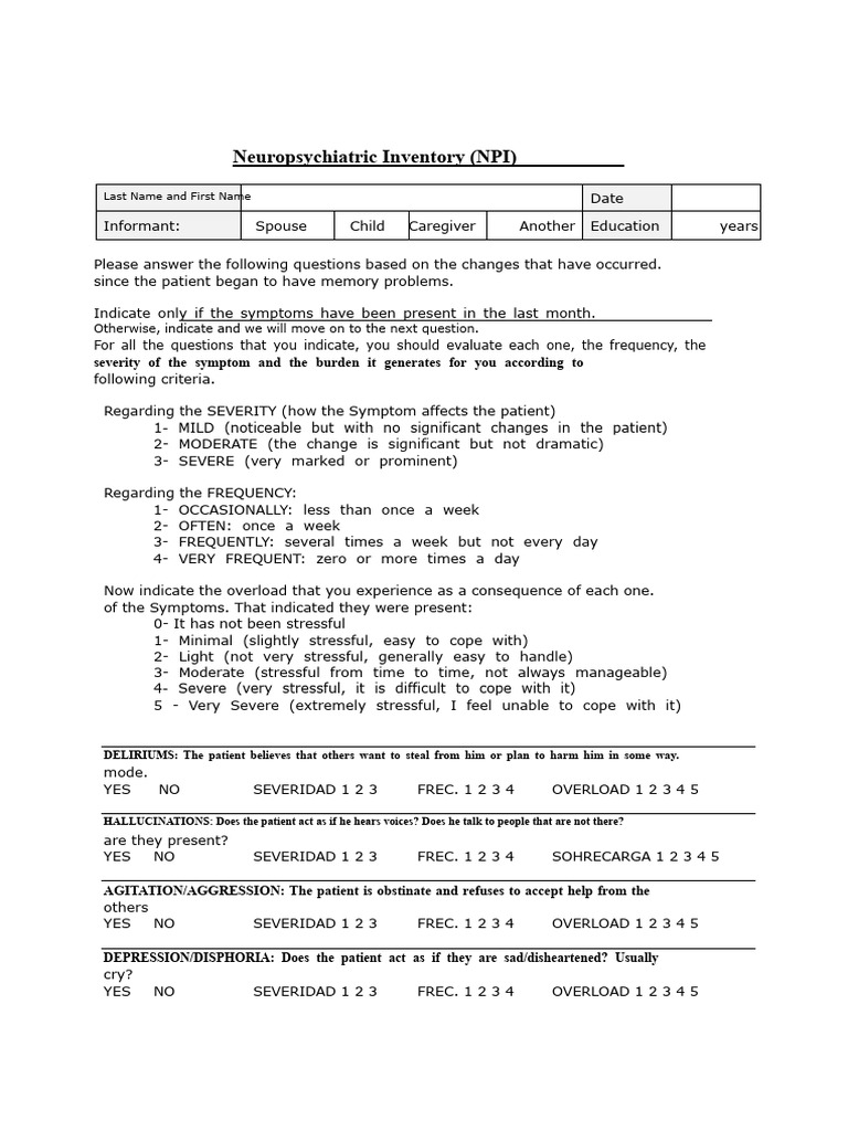 Neuropsychiatric Inventory Questionnaire | PDF | Anxiety | Diseases And ...