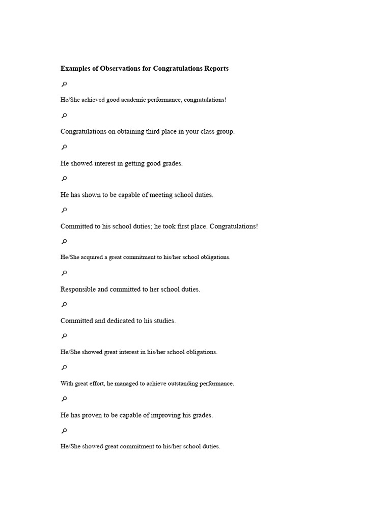 Examples of Observations For Congratulations Reports | PDF | Vocabulary ...