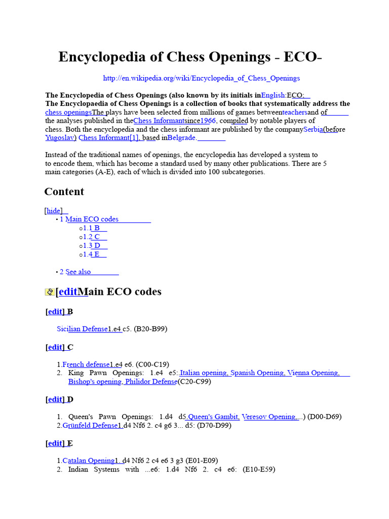 ECO Codes for Chess Openings | PDF | Chess Openings | Chess Theory