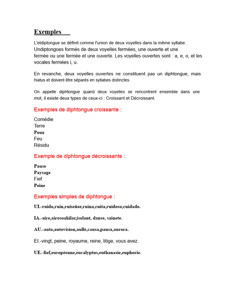 Exemples de diphtongues en français | PDF | Syllabe | Linguistique