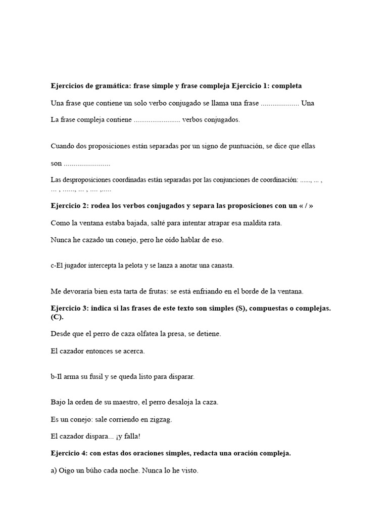 Ejercicios de gramática: frases simples y complejas | PDF