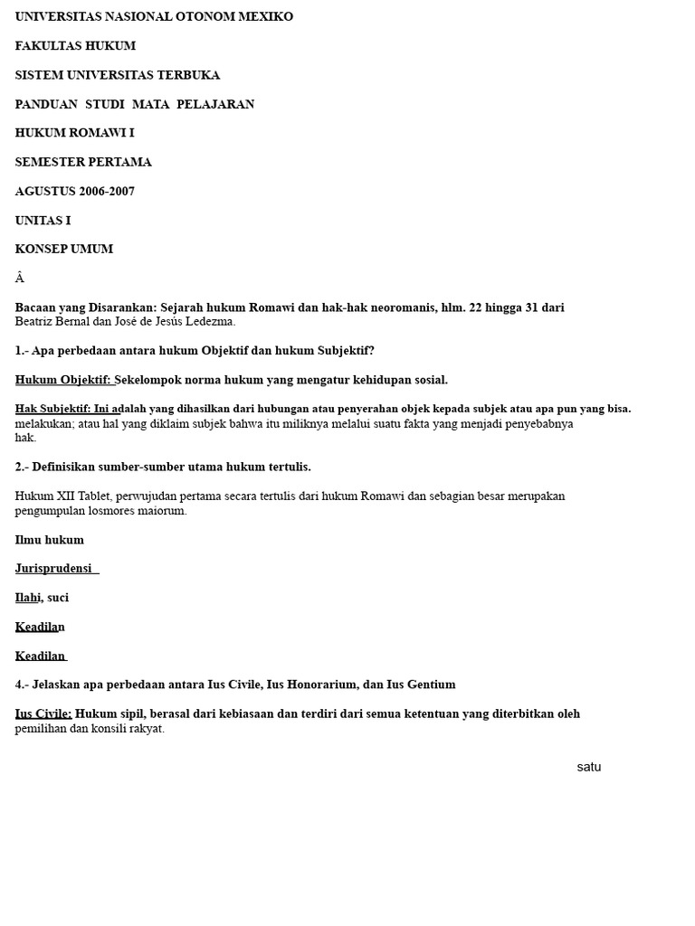Panduan Hukum Romawi I Semester 1 | PDF