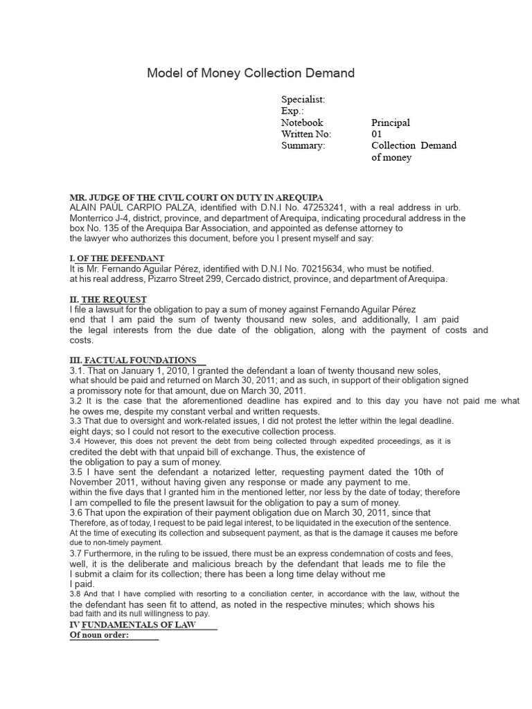 Model of Money Collection Lawsuit | PDF | Lawsuit | Debt