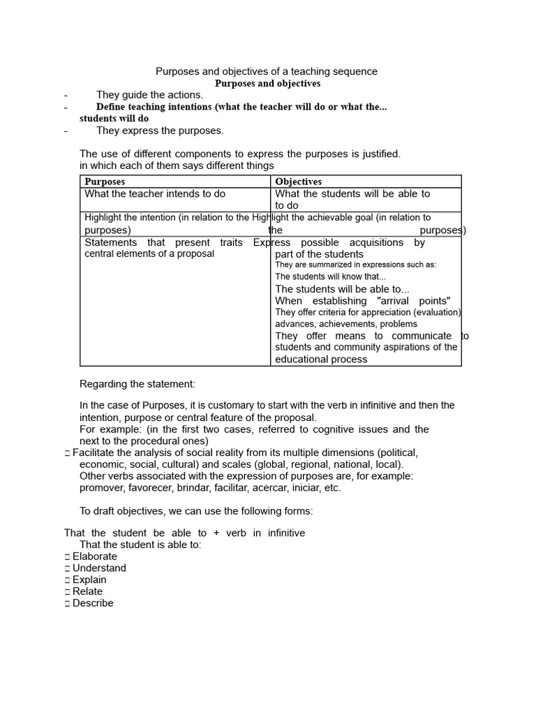 Teaching Sequence: Purposes & Objectives | PDF | Intention | Psychology