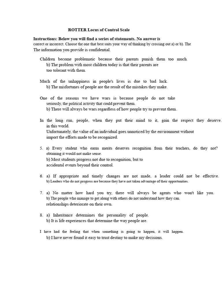 Rotter's Locus of Control Scale | PDF | Cognition | Behavioural Sciences