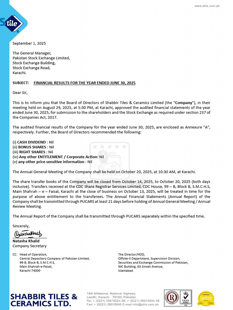 Shabbir Tiles 2025 Financial Results | PDF