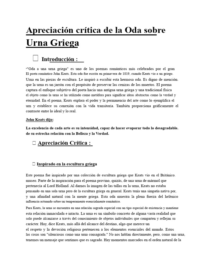 Apreciación Crítica de La Oda Sobre El Urn Greciano | PDF | Verdad ...