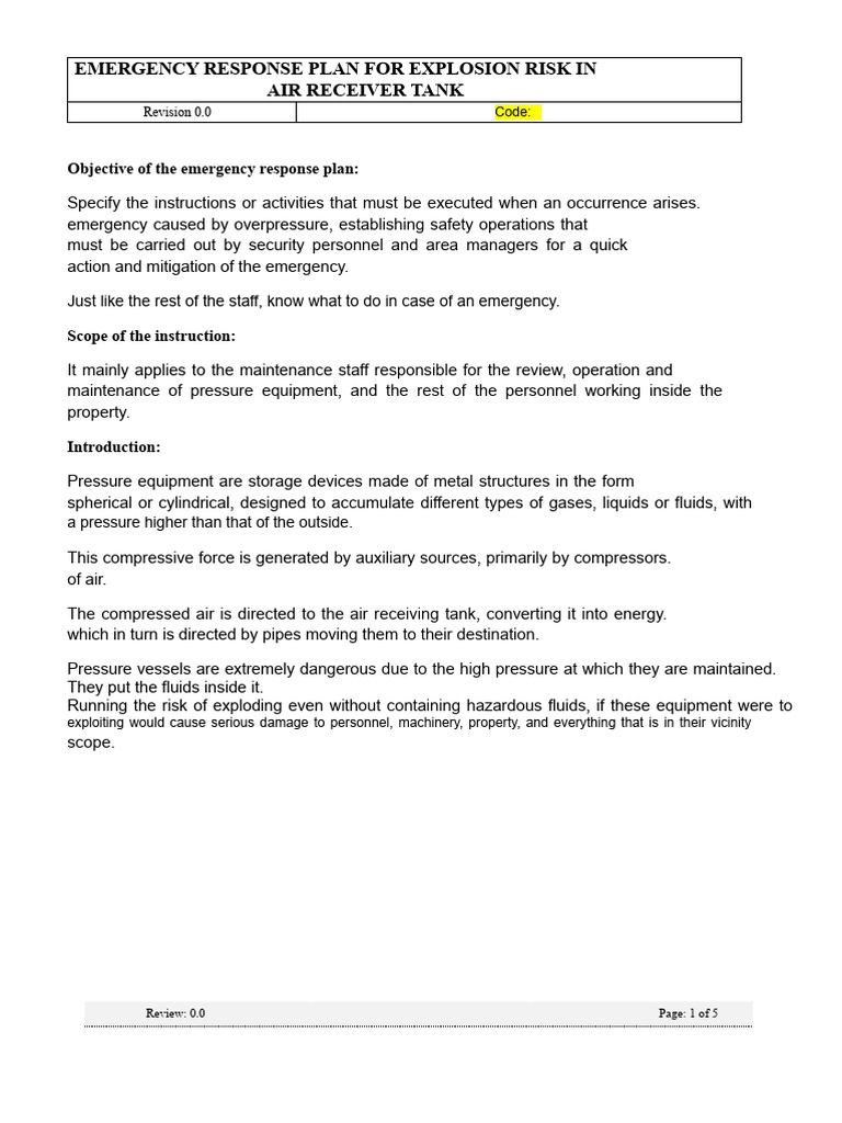Emergency Response Plan For Risk of Explosion of Pressure-Bound ...