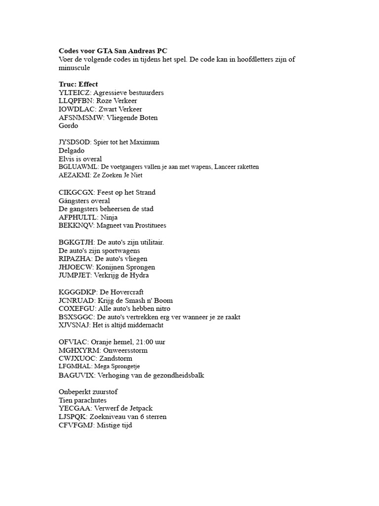 Codes Voor GTA San Andreas PC | PDF