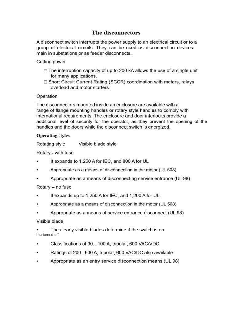 The electrical disconnectors | PDF | Fuse (Electrical) | Switch
