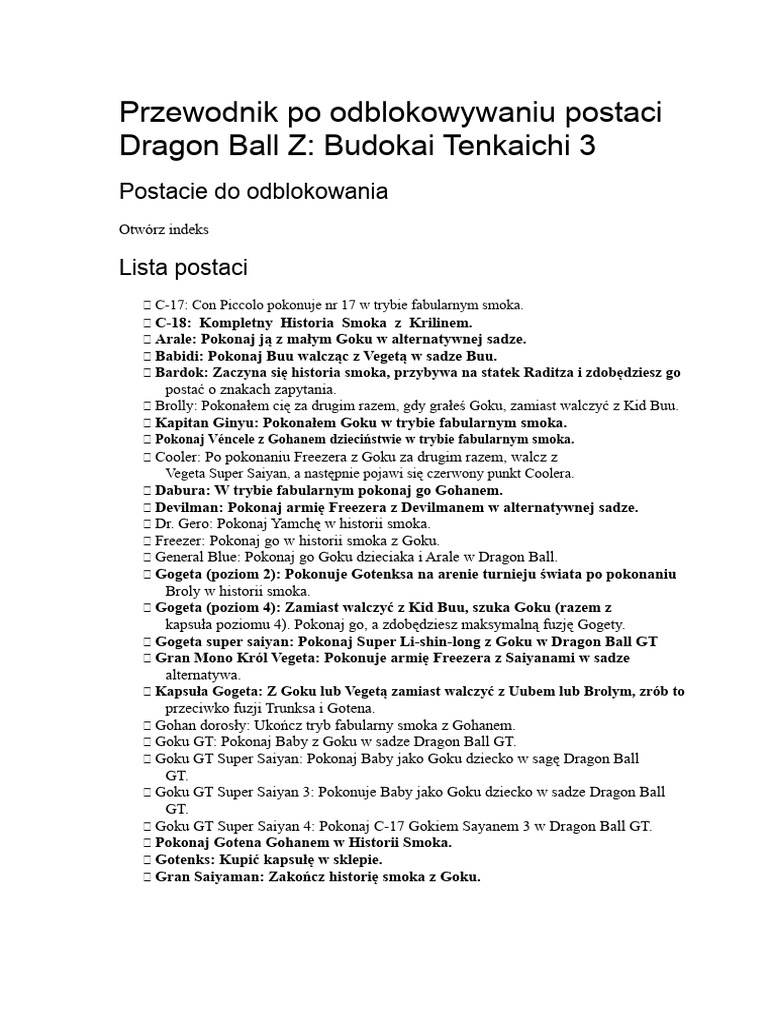Przewodnik po odblokowywaniu postaci w Dragon Ball Z | PDF