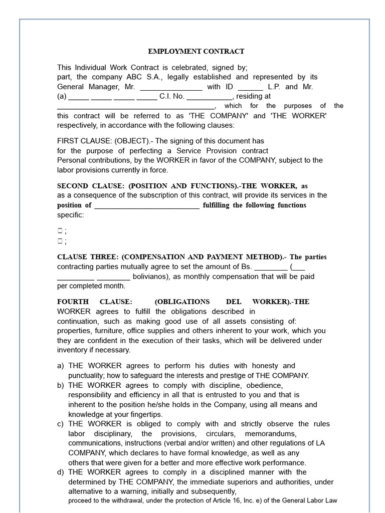 Model Permanent Employment Contract Bolivia | PDF | Employment | Crimes