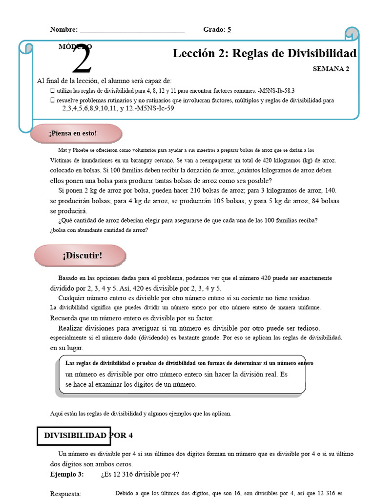 Lección 2: Reglas de Divisibilidad: ¡Discutir! | PDF | División (Matemáticas) | Aritmética