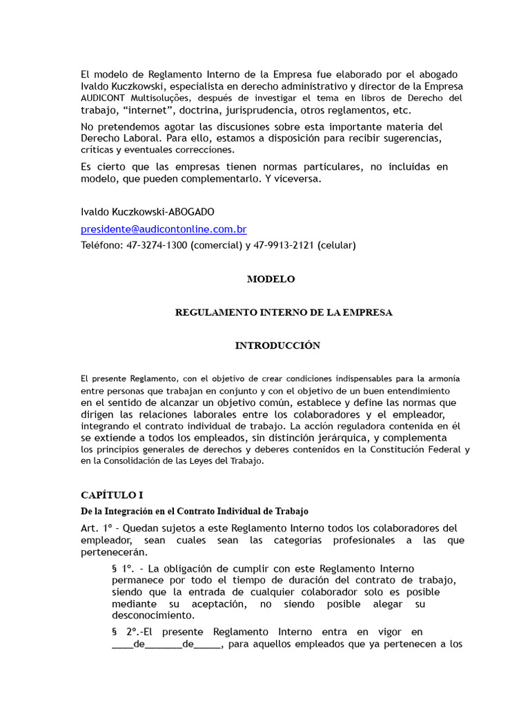 Modelo de Reglamento Interno Laboral | PDF | Derecho laboral | Regulación