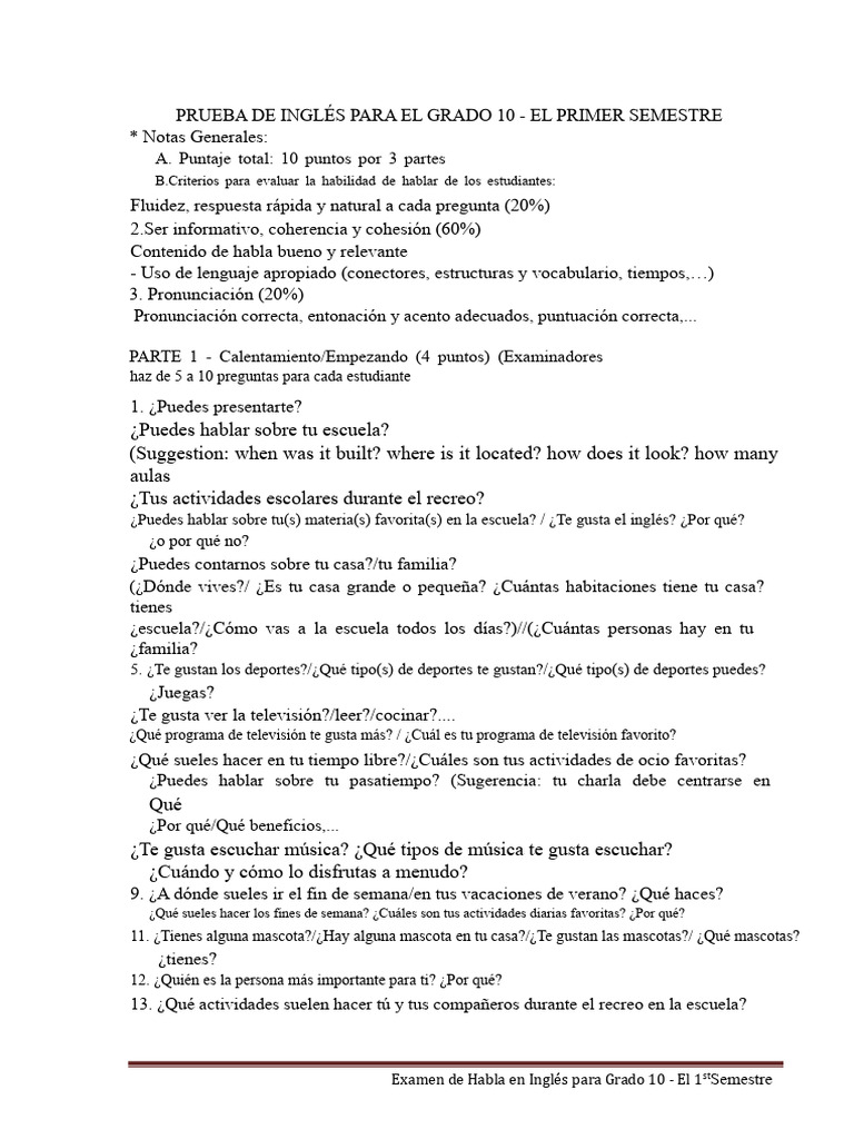 Examen Oral de Inglés Grado 10 1er Semestre | PDF