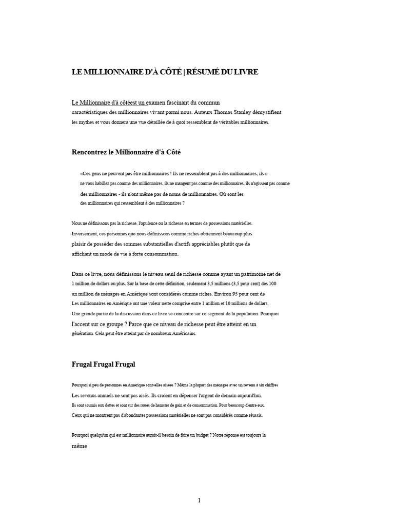Résumé Du Livre Le Millionnaire D'à Côté | PDF | Richesse | Millionnaire