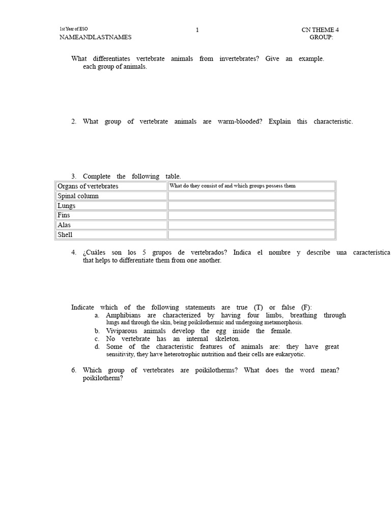 1st ESO EXAM TOPIC 4 VERTEBRATES | PDF | Vertebrates | Anatomy