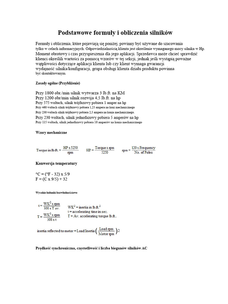 Podstawowe Formuły I Obliczenia Silników PDF | PDF
