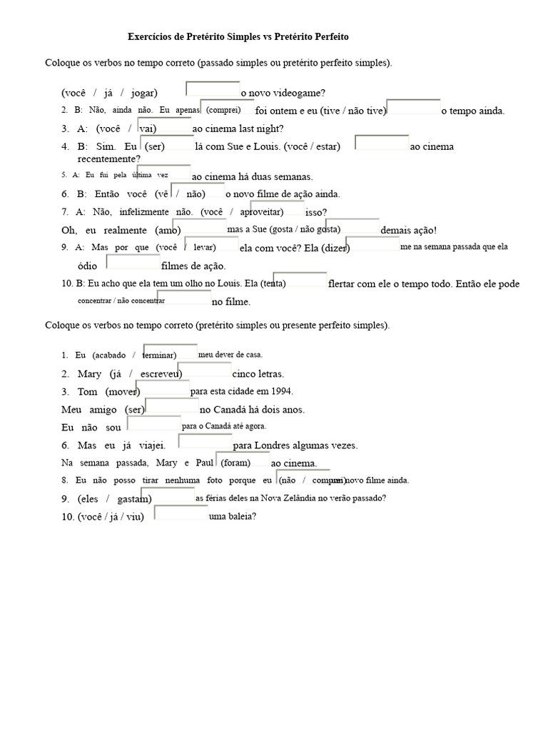 Exercícios de Passado Simples Vs Presente Perfeito | PDF