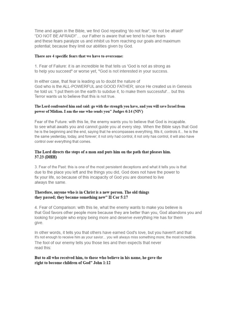 Outline Four Fears We Must Overcome | PDF | Fear | God