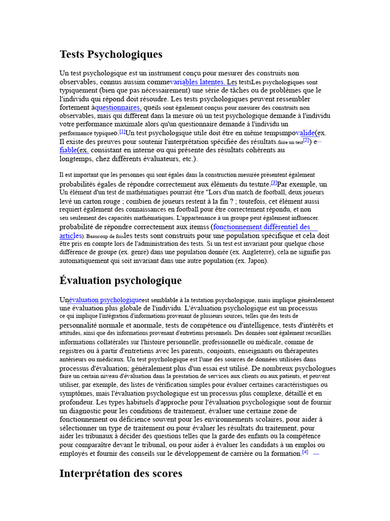Tests Psychologiques : Définition et Évaluation | PDF | Psychologie ...