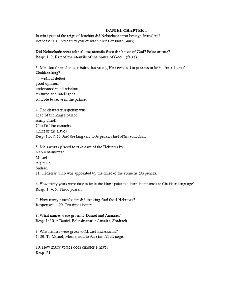 Questionnaire Daniel Chapters 1-6 | PDF | Shadrach, Meshach, And ...