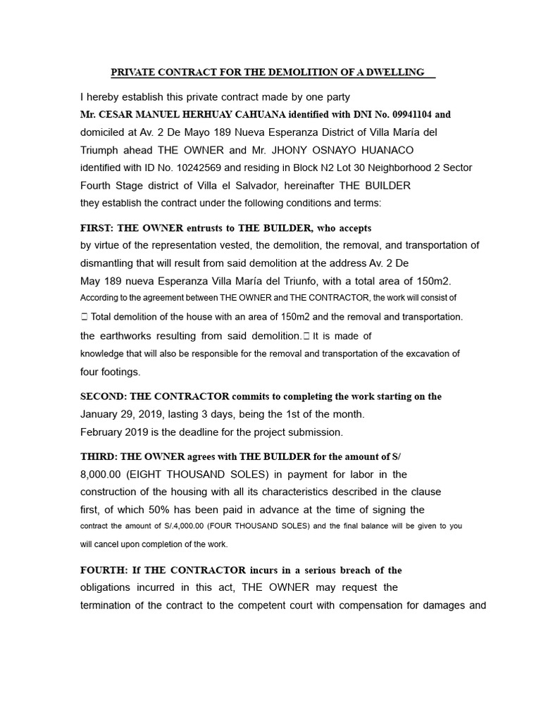 Private Contract For The Demolition of A Housing Unit | PDF | Breach Of ...