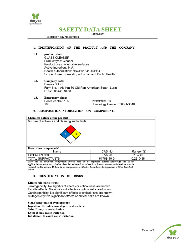 MSDS GLASS CLEANER | PDF | Toxicity | Firefighter
