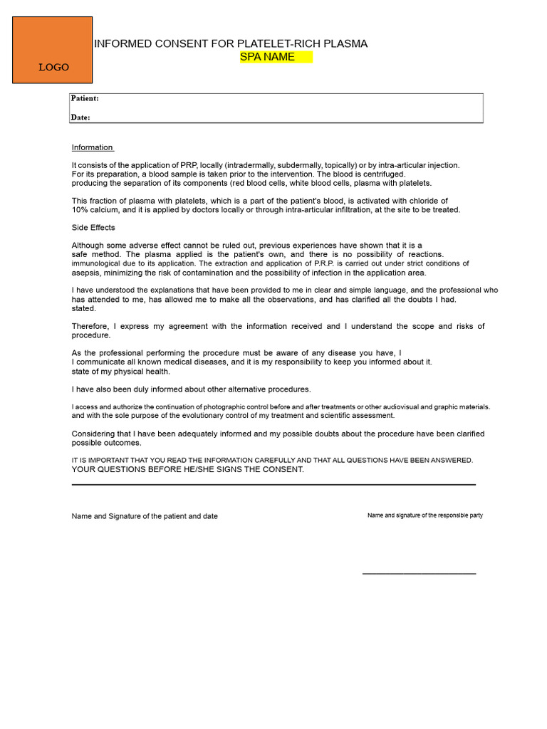 Informed Consent for PRP Treatment | PDF | Medicine | Medical Specialties