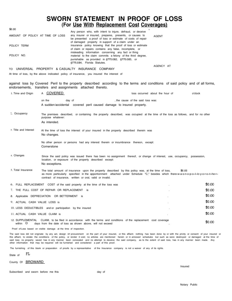 Sample Replacement Cost Proof of Loss Florida | PDF | Deductible ...