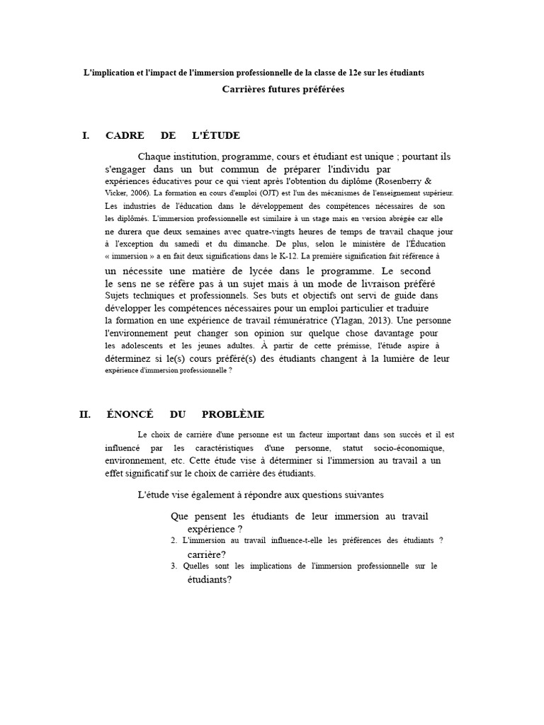 Impact de l'immersion pro sur les choix de carrière | PDF | Expérience ...