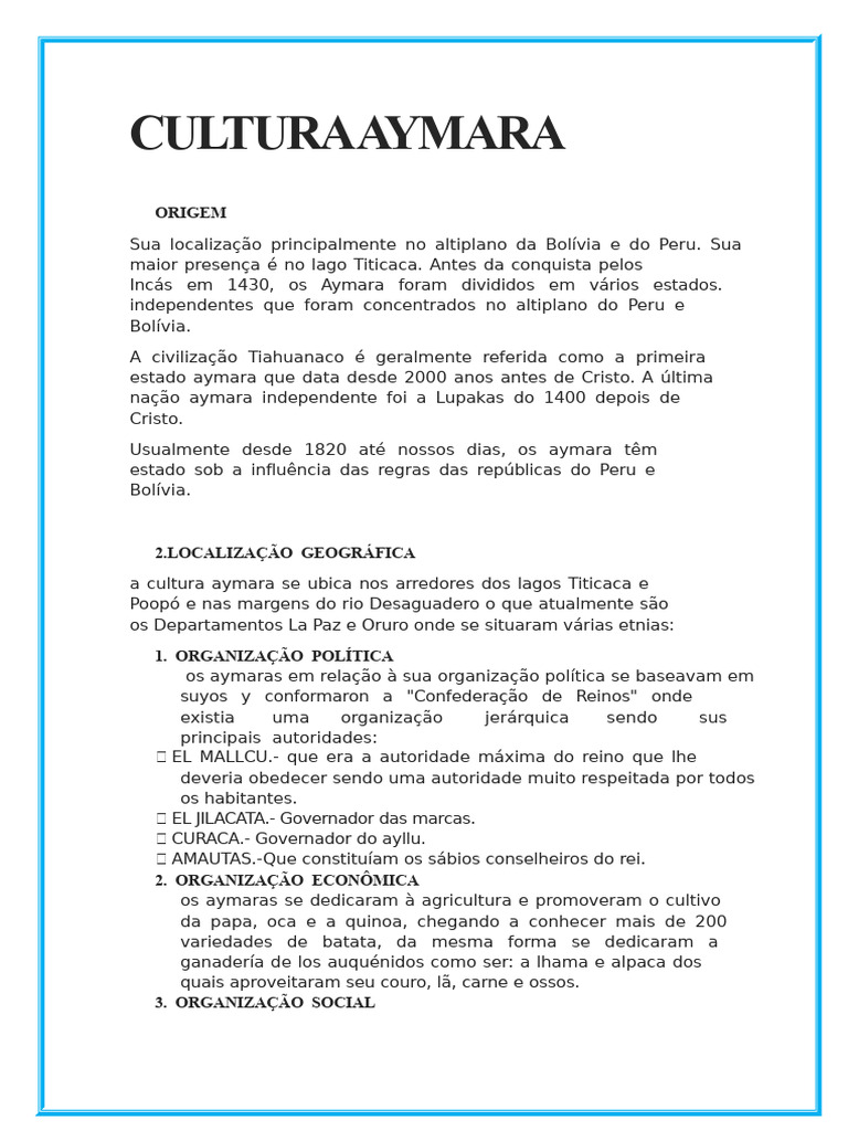 Cultura Aymara: História e Organização | PDF | Bolívia | Império Inca