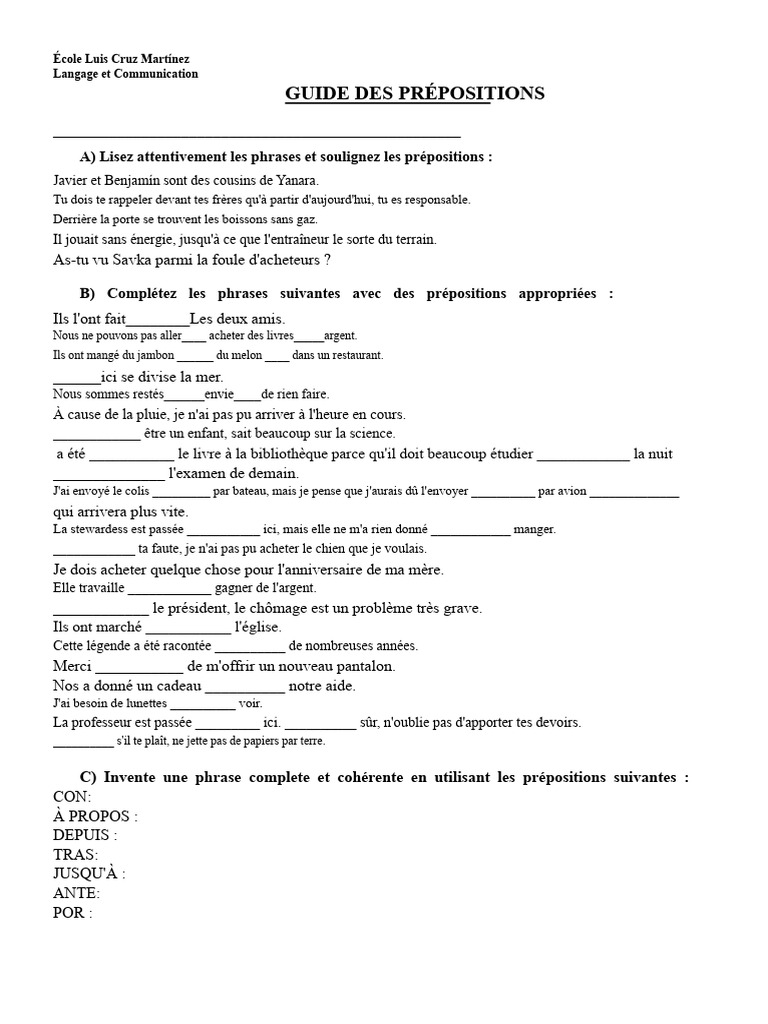 Guide des prépositions en français | PDF