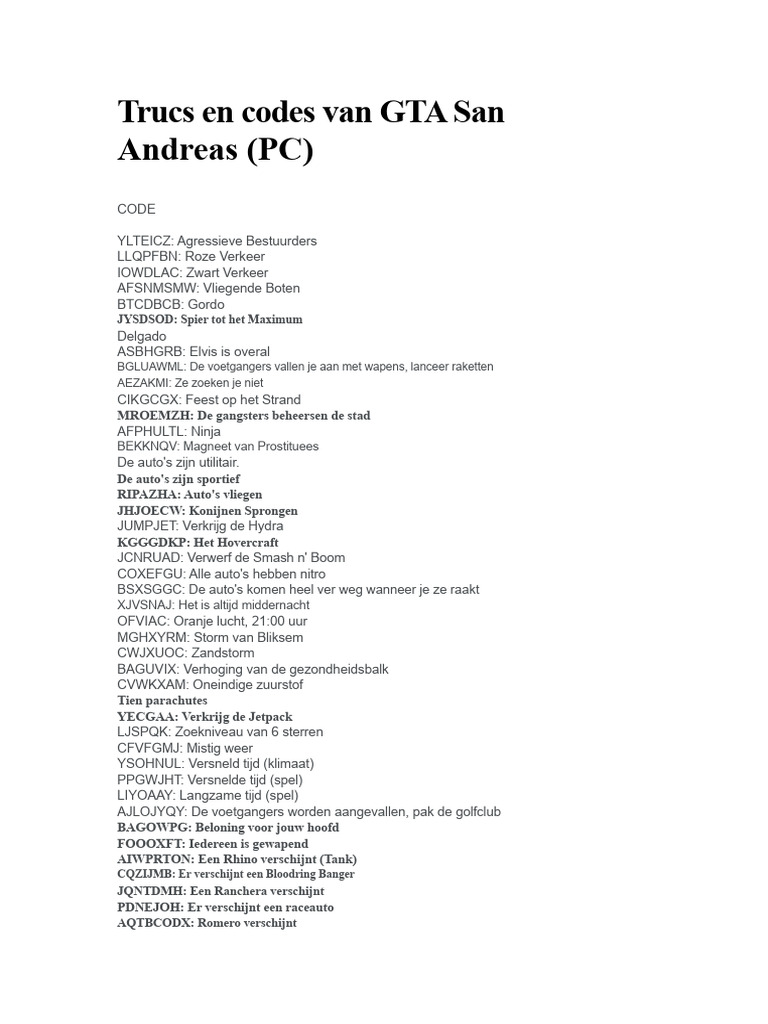 Trucs en Codes Van GTA San Andreas | PDF